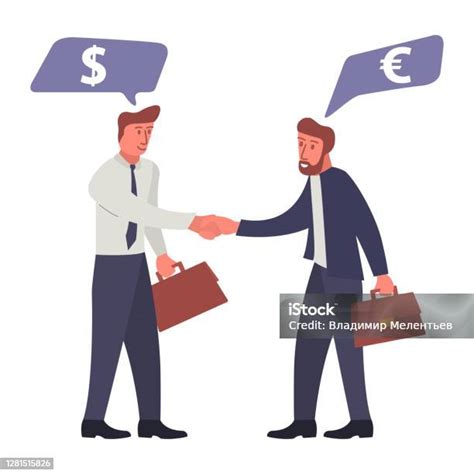 성공적인 비즈니스 거래 비즈니스 협상 B2b 달러와 유로 기호와 연설 거품 서류 가방과 셔츠와 넥타이만화 캐릭터 개념에 대한 스톡 벡터 아트 및 기타 이미지 Istock