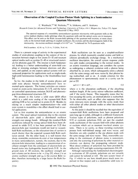 Pdf Observation Of The Coupled Exciton Photon Mode Splitting In A Semiconductor Quantum