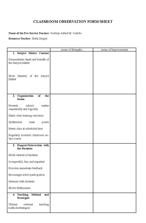 Classroom Observation Form Classroom Observation Form Sheet Name Of The Pre Service Teacher