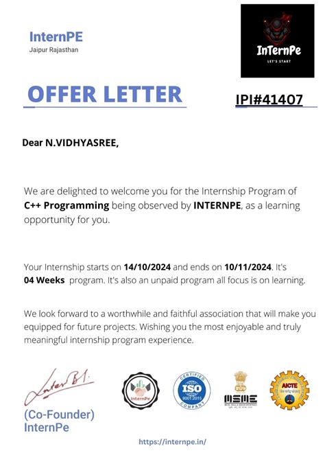 Vidhya Sree On Linkedin Internship C Internpe Techjourney