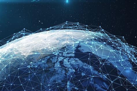 3d 렌더링 공간에서 지구를 통해 네트워크 및 데이터 교환 지구 지구 주위 연결 라인입니다 글로벌 국제 연결 Nasa가 제공 한이 이미지의 요소 프리미엄 사진