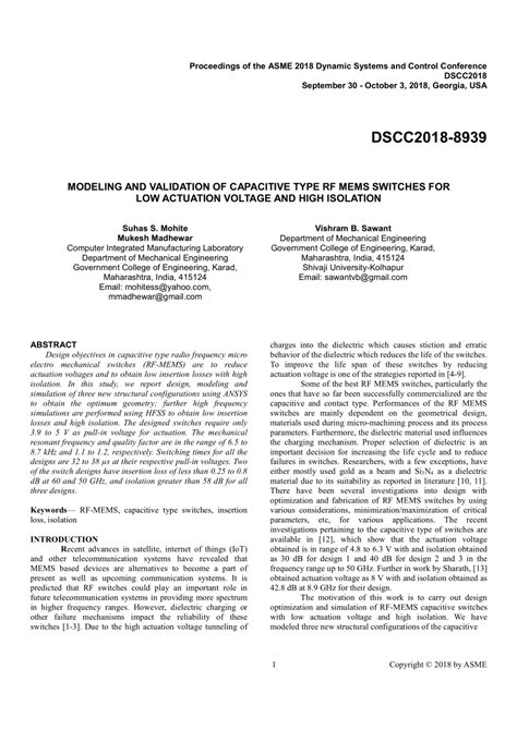 Pdf Modeling And Validation Of Capacitive Type Rf Mems Switches For Low Actuation Voltage And
