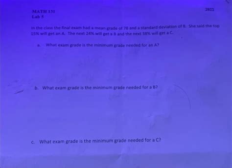 Solved Math 131 Lab 5 In The Class The Final Exam Had A Mean