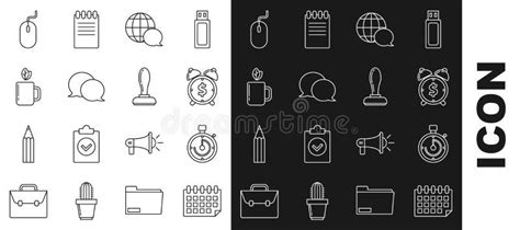 Set Line Calendar Briefcase Alarm Clock With Dollar Symbol World Map