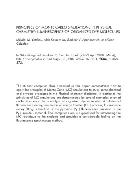 Pdf Principles Of Monte Carlo Simulations In Physical Chemistry Luminescence Of Organized Dye
