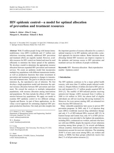 Hiv Epidemic Control A Model For Optimal Allocation Of Prevention And Treatment Resources Pdf