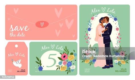 만화 웨딩 카드 휴일 초대 배너 사랑에 행복한 커플 아름다운 꽃 낭만적 인 신혼 부부 포옹 결혼 예식 초대장 디자인 화려한 벡터 엽서 세트 Invitational에 대한