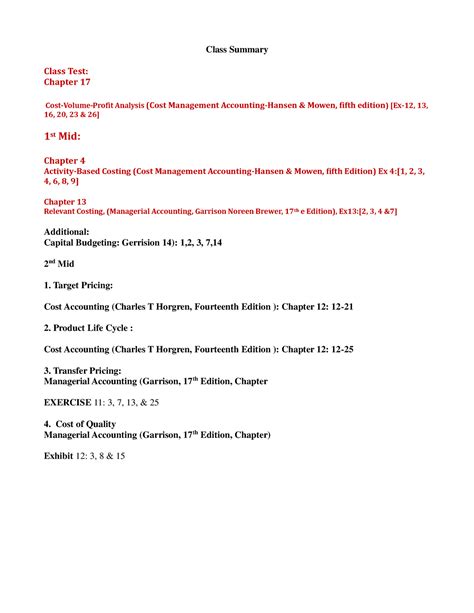 Class Lecture Summary Class Summary Class Test Chapter 17 Cost