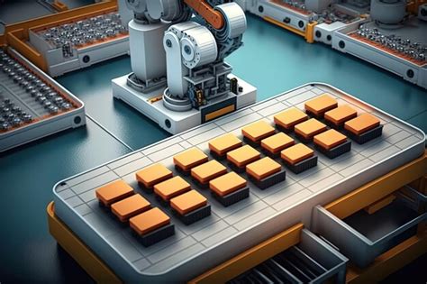 플랫폼 Generative Ai에 전기 자동차 배터리 셀 모듈이 있는 산업 공장 로봇 조립 라인의 내부 프리미엄 사진