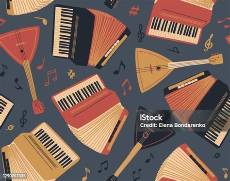 아코디언 기타 발라이카 악보가 있는 매끄러운 패턴 국제 음악의 날 벡터 악기 세트 프리핸드 낙서 요소 음표에 대한 스톡 벡터