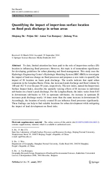 Pdf Quantifying The Impact Of Impervious Surface Location On Flood Peak Discharge In Urban Areas