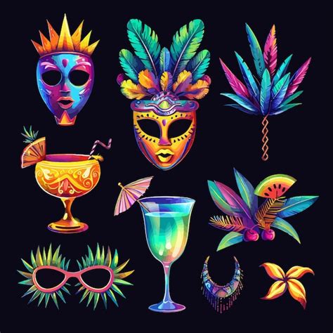 브라질 카니발 밝은 상징과 요소 프리미엄 벡터