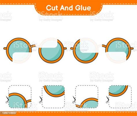 잘라 붙이고 접착제를 자르고 선글라스의 일부를 자르고 접착제를 붙입니다 교육 어린이 게임 인쇄 워크 시트 벡터 일러스트레이션 0