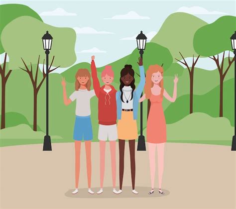 공원에서 젊은 간의 여자 그룹 프리미엄 벡터