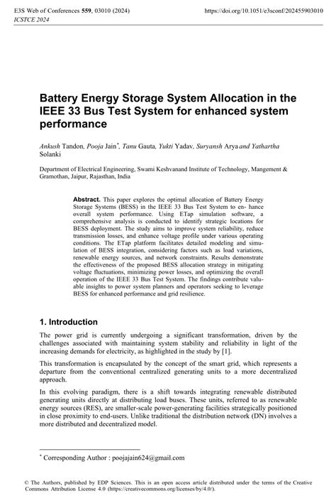 Pdf Battery Energy Storage System Allocation In The Ieee 33 Bus Test System For Enhanced