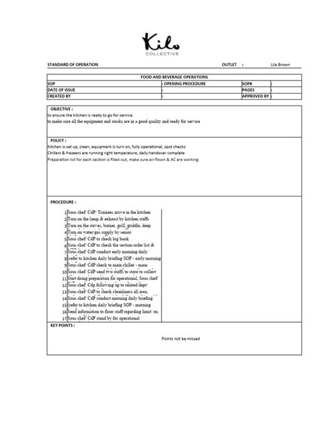 Sop Opening Procedure Pdf Chef Kitchen