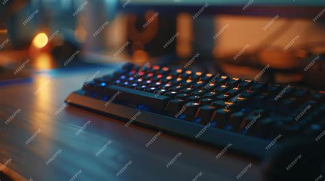 A Backlit Keyboard Is Placed On A Wooden Desk The Keyboard Is Black And