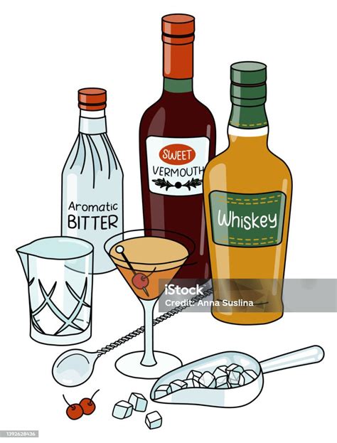 낙서 만화 맨해튼 칵테일과 재료 구성 위스키와 달콤한 레드 버머스 얼음 특종과 체리 병 바 메뉴 스티커 또는 알코올 요리 책