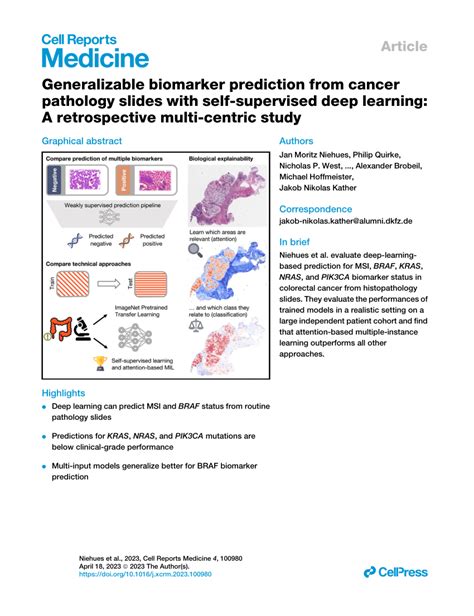 Pdf Generalizable Biomarker Prediction From Cancer Pathology Slides With Self Supervised Deep