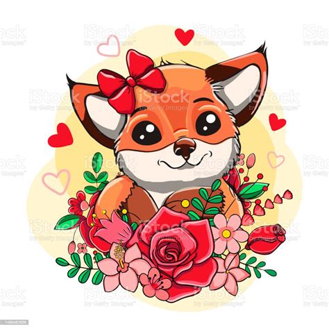 꽃과 귀여운 만화 여우 인사말 카드 인쇄 초대장 및 기타를위한 템플릿 벡터 일러스트 레이 션 0명에 대한 스톡 벡터 아트 및 기타 이미지 Istock