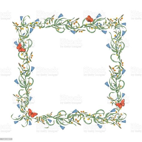 꽃이 있는 수채화 생일 사각형 프레임 흰색 배경에 분리된 나비 인사말 생일 카드 디자인 초대장 템플릿 장식을 위한 축제 일러스트레이션 0명에 대한 스톡 벡터 아트 및 기타