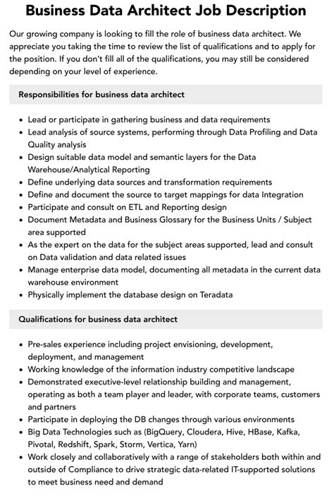 Business Data Architect Job Description Velvet Jobs
