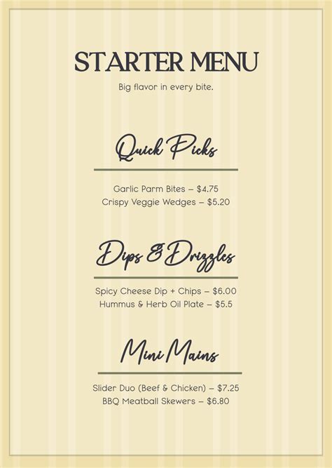 Free Small Starter Menu Template To Edit Online