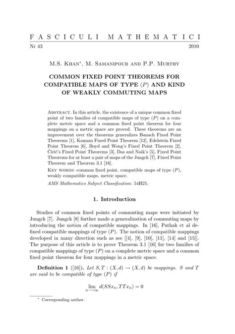 Pdf Common Fixed Point Theorems For Compatible Maps Of Type P And Kind Of Weakly Commuting Maps