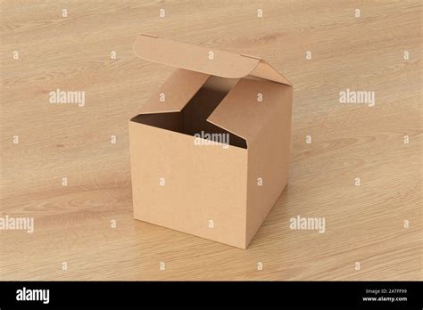 Blank Cardboard Cube T Box With Opened Hinged Flap Lid On Wooden