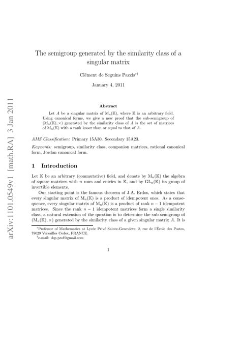 Pdf The Semigroup Generated By The Similarity Class Of A Singular Matrix