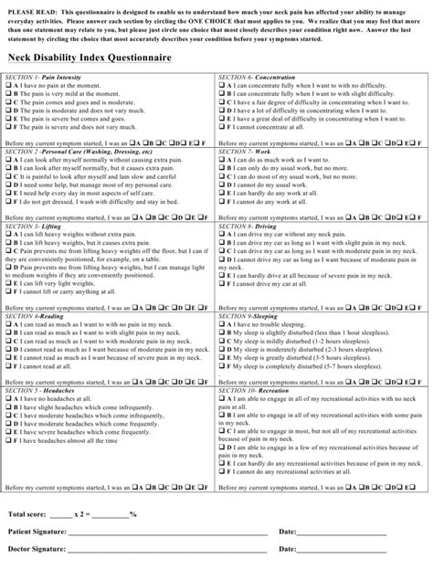Neck Disability Index Printable Free Printable Templates