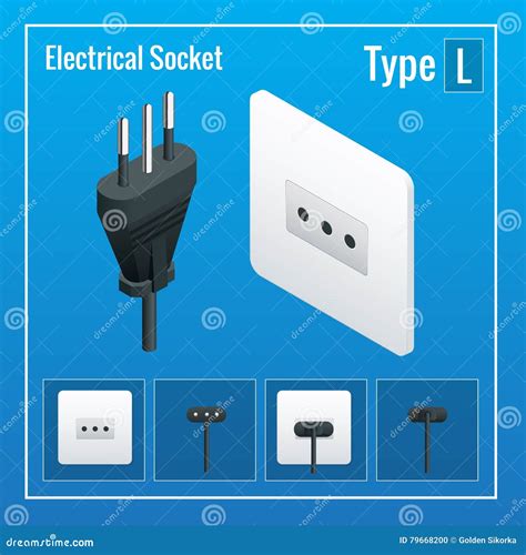 Isometric Switches And Sockets Set Type G Ac Power Sockets Realistic Illustration Cartoon