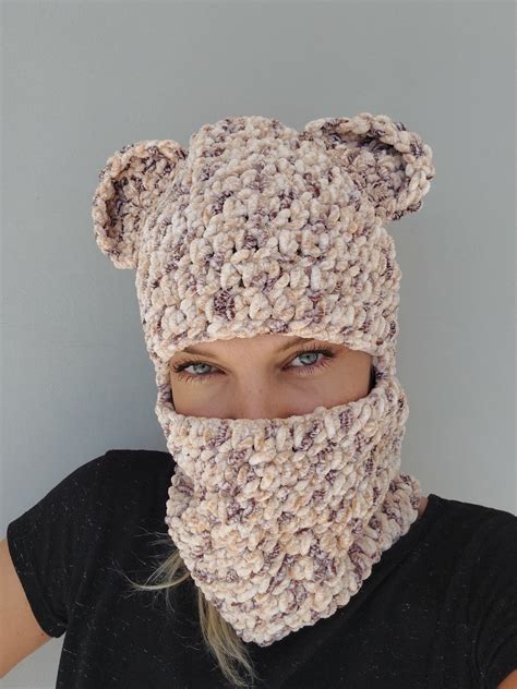 Crochet Velvet Bear Ears Balaclava Handknit Face Mask Etsy