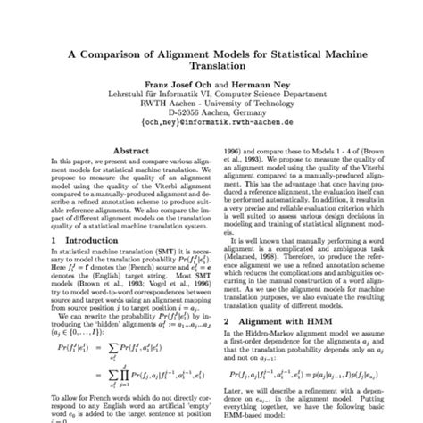 A Comparison Of Alignment Models For Statistical Machine Translation Acl Anthology