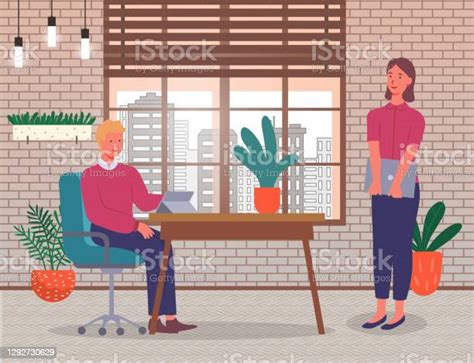 사무실 노동자 디지털 태블릿테이블에 앉아 남자 상사 근처에 서 노트북젊은 여자 건물 외관에 대한 스톡 벡터 아트 및 기타 이미지 건물 외관 경영자 계획 Istock