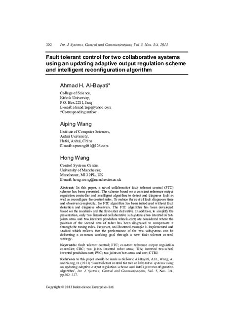 Pdf Fault Tolerant Control For Two Collaborative Systems Using An Updating Adaptive Output