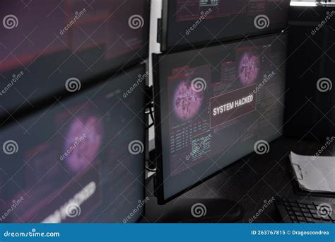 Security Breach Error And Cyber Crime Attack Flashing On Computer Monito Stock Image Image Of