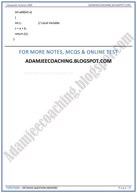 Adamjee Coaching Functions Detailed Question Answers Computer Science 10th