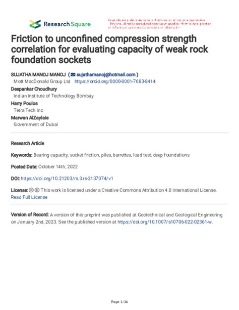 Pdf Friction To Unconfined Compression Strength Correlation For