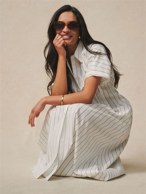 Buy White Pinstripe Short Sleeve Cinched Waist Midi Shirt Dress From