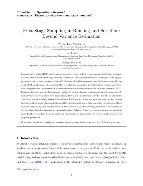 Pdf First Stage Sampling In Ranking And Selection Beyond Variance Estimation