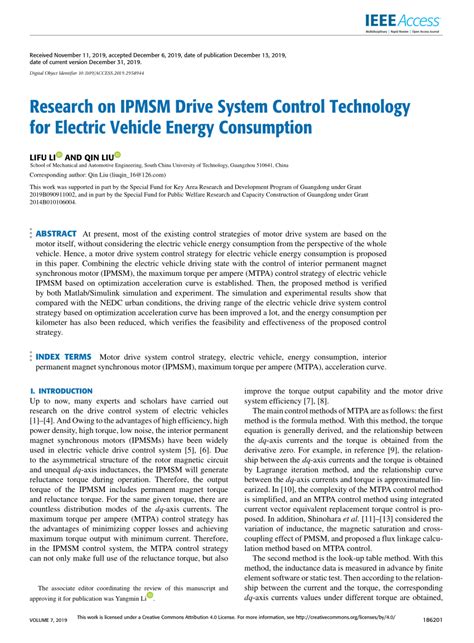 Pdf Research On Ipmsm Drive System Control Technology For Electric Vehicle Energy Consumption