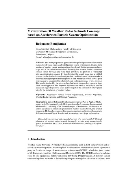 Pdf Maximisation Of Weather Radar Network Coverage Based On Accelerated Particle Swarm