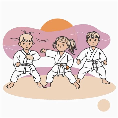 해변에서 카라테를 하는 아이들 터 일러스트레이션 라인 회로 프리미엄 Ai 생성 벡터