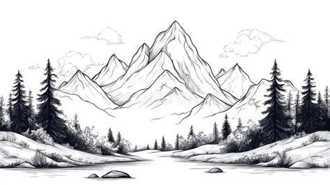 Mountain Landscape Sketch With Trees And Clouds For Outdoor Themed