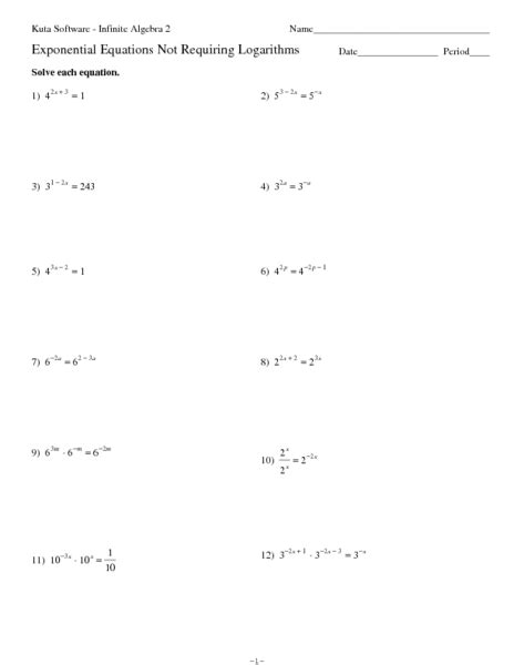 Exponential Equations Not Requiring Logarithms Worksheet For 9th 11th