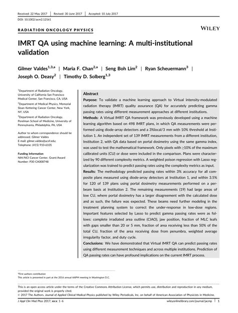 Pdf Imrt Qa Using Machine Learning A Multi Institutional Validation
