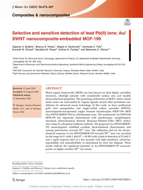 Selective And Sensitive Detection Of Lead Pbii Ions Auswnt Nanocomposite Embedded Mof 199