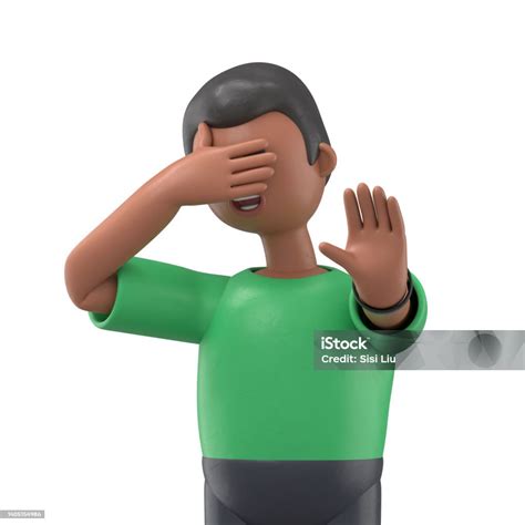 미소 짓는 아프리카 계 미국인 데이비드의 3d 삽화는 거절을 표현하고 있으며 제스처로 Stop은 항의와 불일치를 표현한다고 말합니다 신체 언어 및 비언어적 의사 소통 흰색