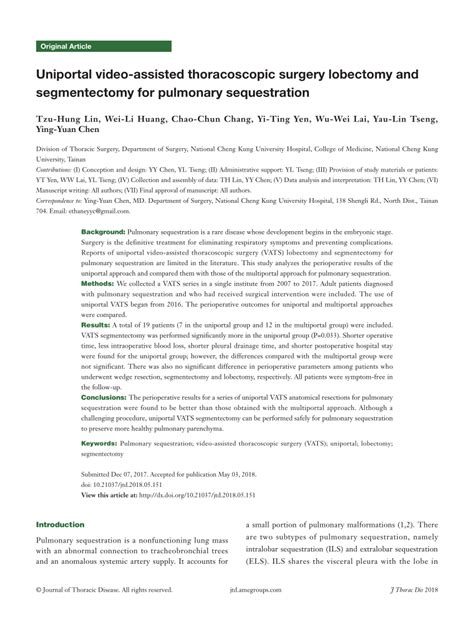 Pdf 004 Uniportal Video Assisted Thoracoscopic Surgery Lobectomy And Segmentectomy For